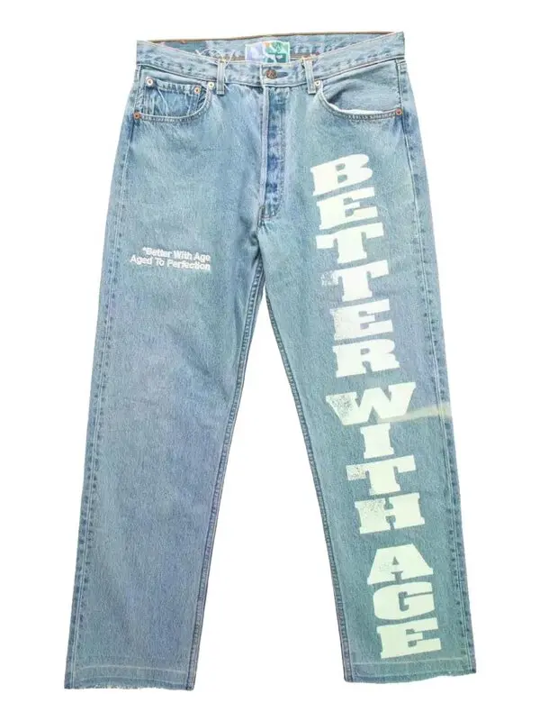 BETTER WITH AGE Logo-print Frayed Straight-leg Jeans - Blue