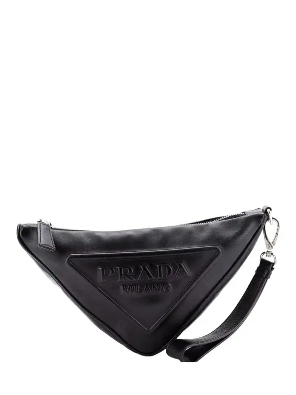 Prada Triangle Logo Wristlet Pouch Embossed Leather Clutch Bag - Black