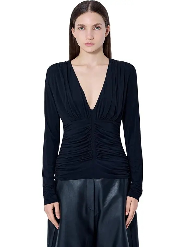 Sportmax Ruched V-neck Long Sleeve Top - Black