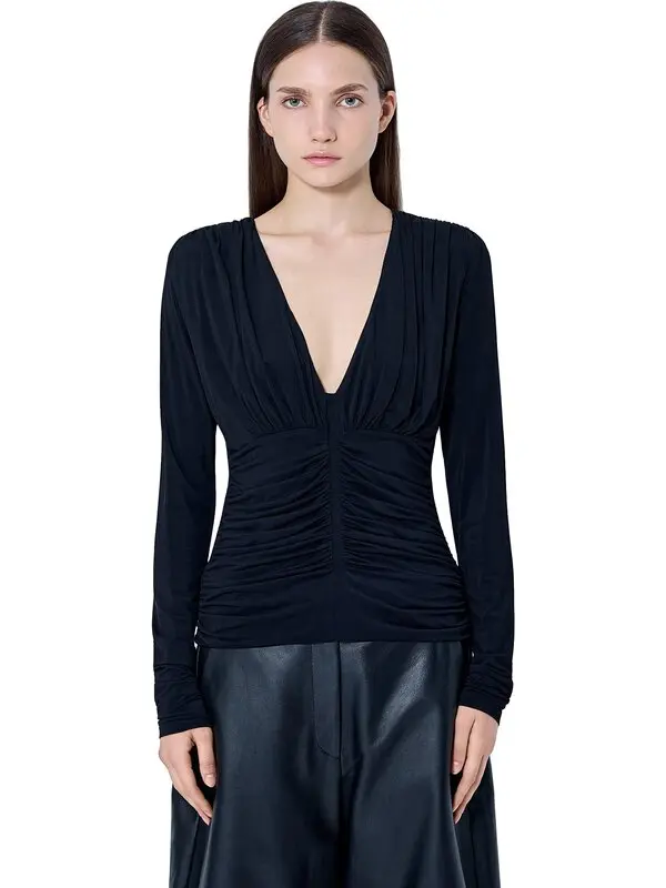 Sportmax Ruched V-neck Long Sleeve Top - Black
