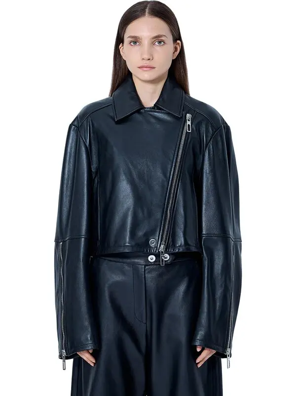 Sportmax Leather Asymmetrical Zip Jacket - Black