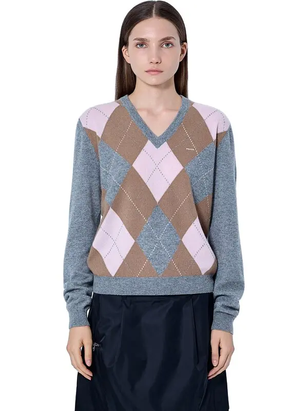 Prada Argyle V-neck Sweater - Gray