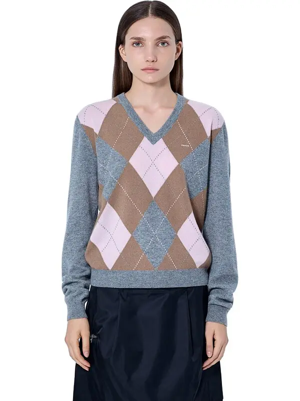 Prada Argyle V-neck Sweater - Gray