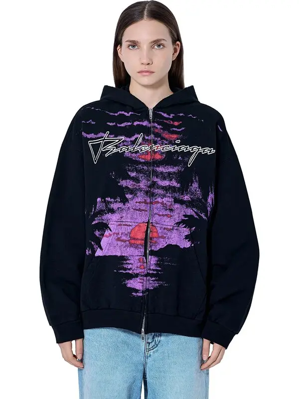 Balenciaga Printed Zip Hoodie - Black