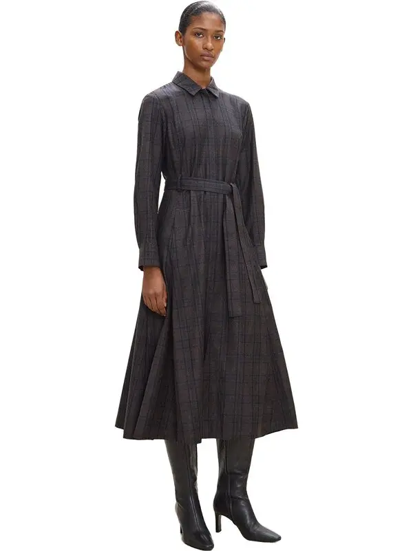 Theory Belted Long-sleeve Shirt Dress In Sleek Flannel - Charcoal Multi