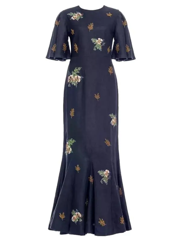Agua Bendita Ave Anhelo Embroidered Linen Maxi Dress - Blue