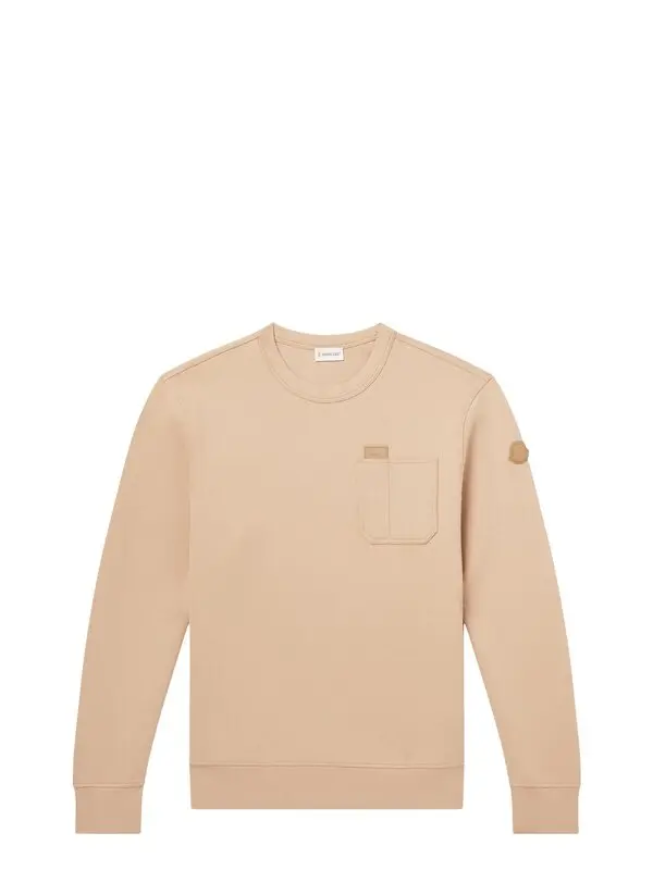 Moncler Logo-appliqué Leather-trimmed Cotton-blend Jersey Sweatshirt - Neutrals