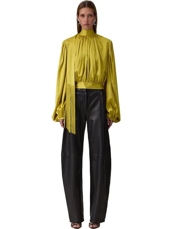 SAME Draped Fringe Silk Blouse - Chartreuse