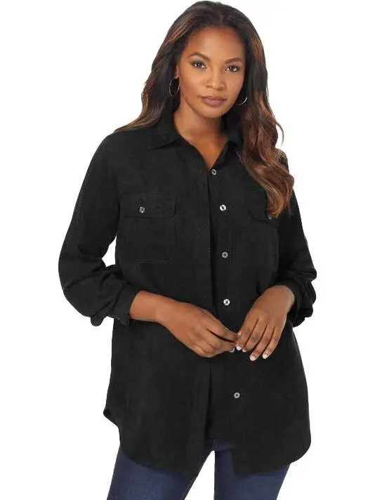 Roaman's Extended Faux Suede Button Front Shirt - Black