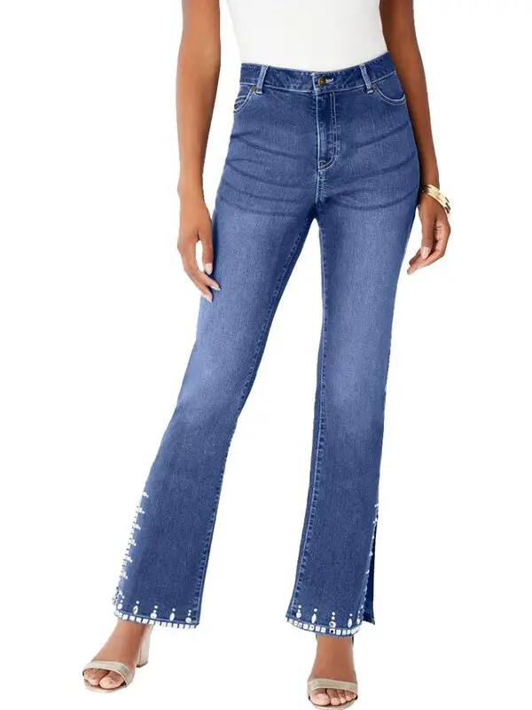 Roaman's Invisible Stretch® Rhinestone Detail Split Flare Leg Jean - Medium Wash