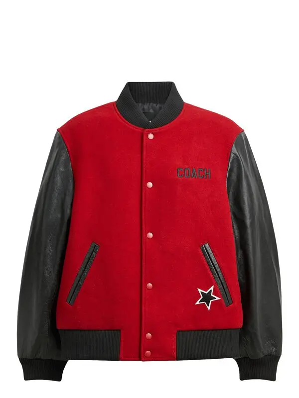 COACH Wool Leather Varsity Jacket - Red