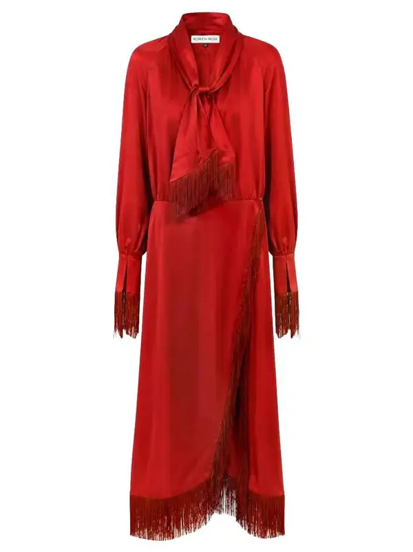 ROWEN ROSE Fringed Scarf-detail Midi Dress - Red