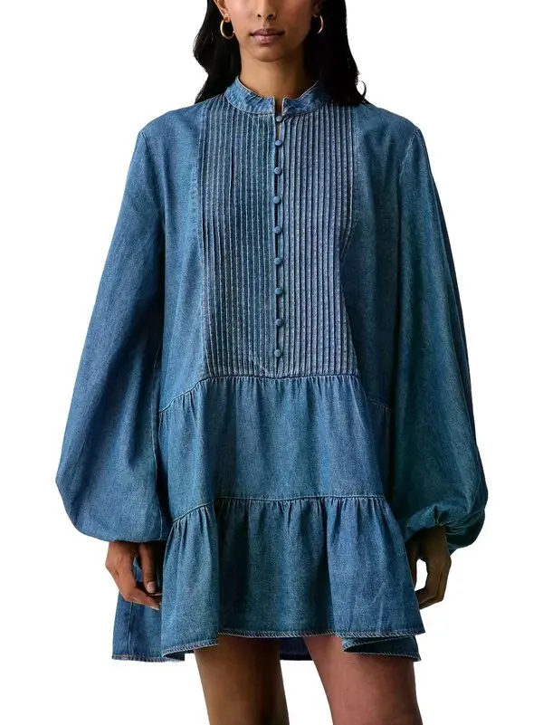 Bardot Antonia Chambray Pin-tucked Tiered Dress - Blue