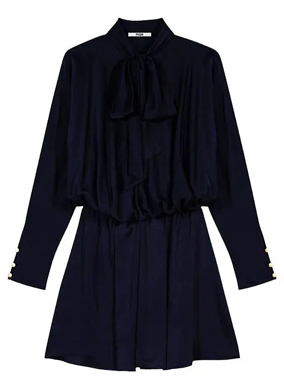 Maje Tie-neck Draped Satin Mini Dress - Navy