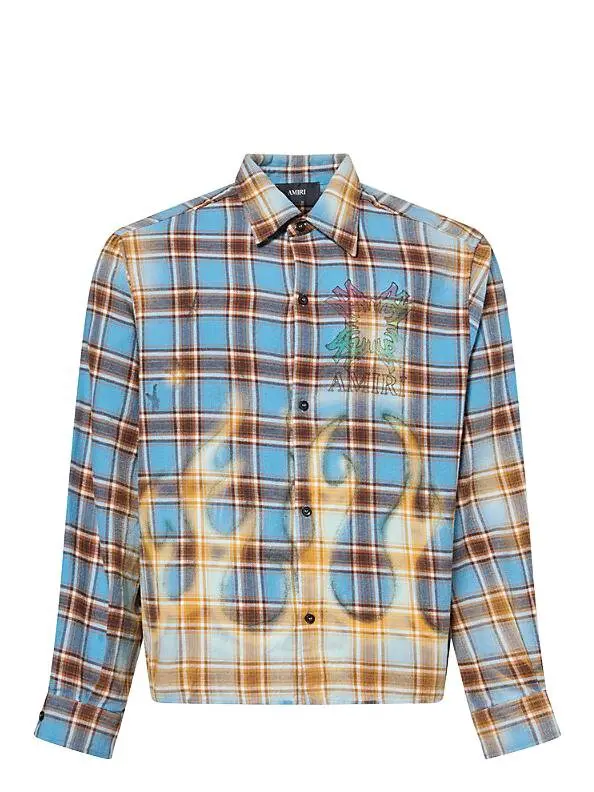 Amiri Flames Check-print Cotton Flannel Shirt - Blue