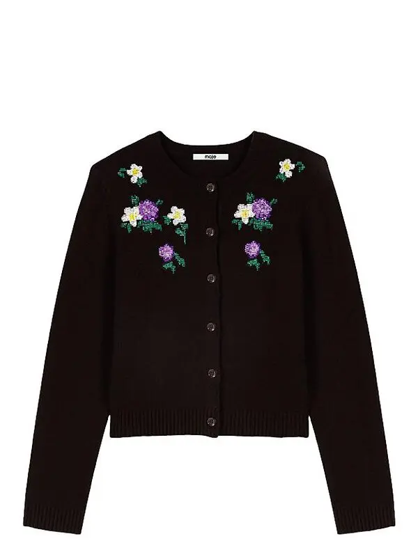 Maje Floral-embroidered Bead-embellished Wool-blend Cardigan - Brown