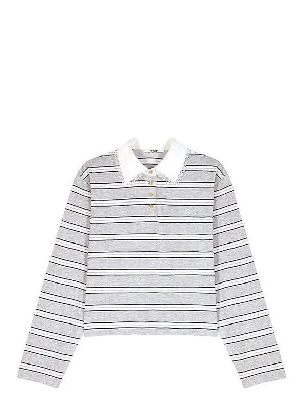 Maje Lace-trim Striped Cotton-blend Polo Shirt - Light Grey