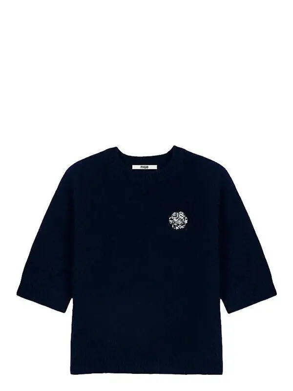 Maje Brooch-embellished Short-sleeved Wool Jumper - Navy