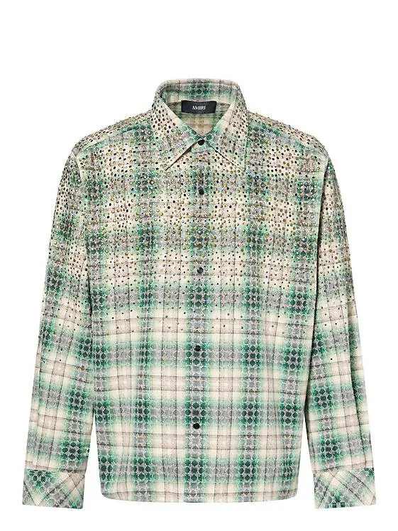 Amiri Crystal-embellished Checked Cotton Shirt - Deep Olive