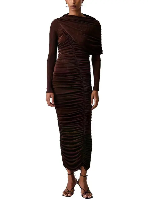 Bardot Ruched Draped-detail Dress - Brown