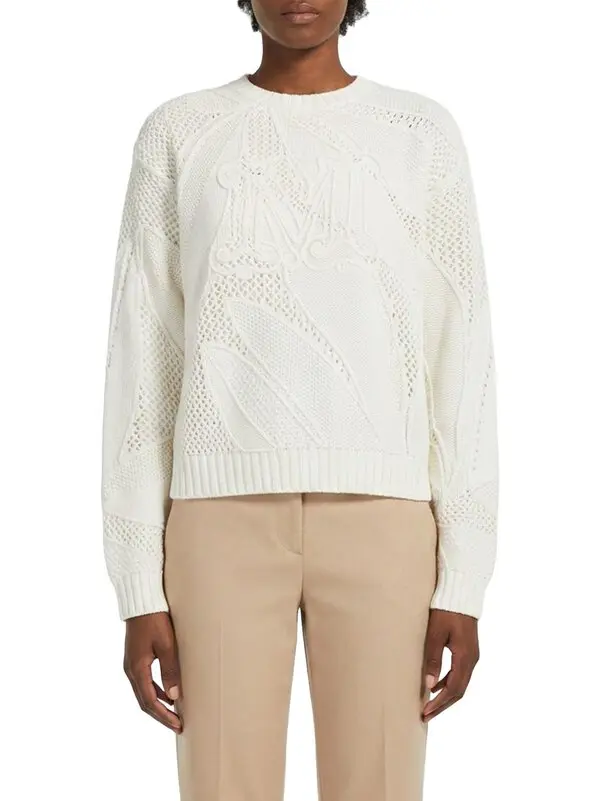 Max Mara Openwork Cotton Crew-neck Jumper With Embroidered Monogram - White