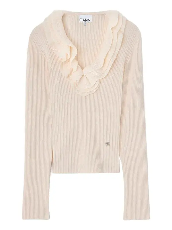GANNI Ribbed Merino Wool Frill Top - Egret