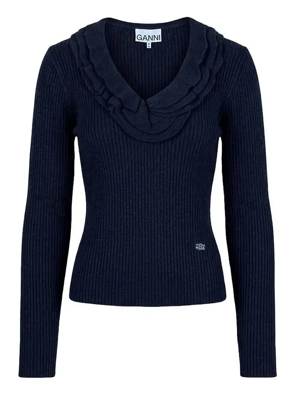 GANNI Ribbed Merino Wool Frill Top - Phantom