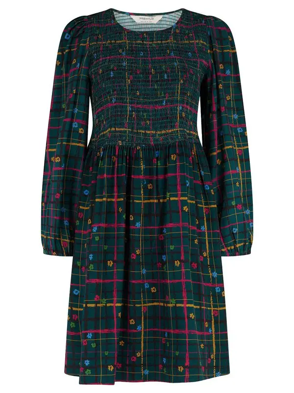SUGARHILL BRIGHTON Lucy Shirred Short Dress Teal Check - Green