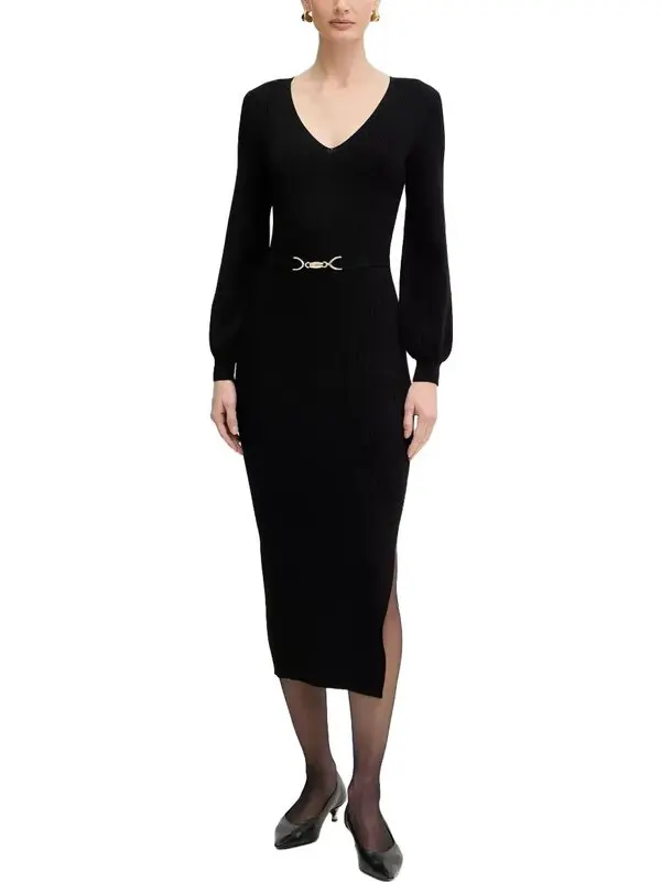MORGAN V-neck Belted Midi Dress - Black