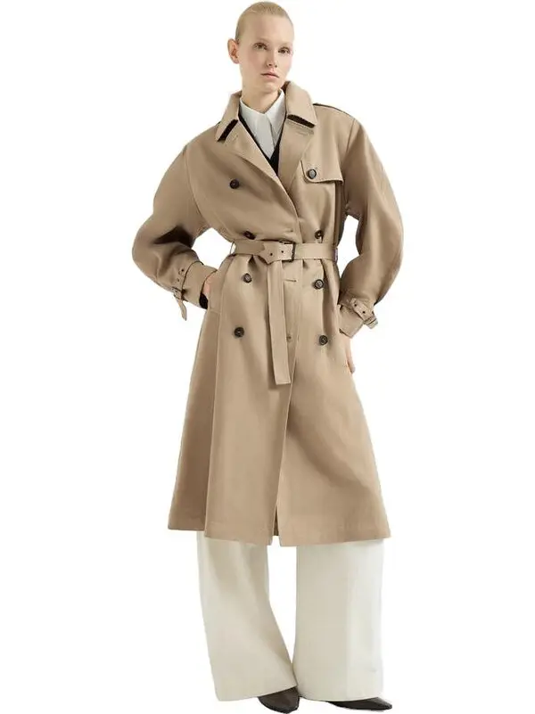 Brunello Cucinelli Cotton And Linen Twill Trench With Monili - Camel