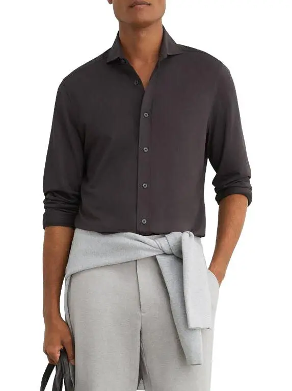 REISS Monaco Slim Fit Stretch Jersey Shirt - Dark Brown