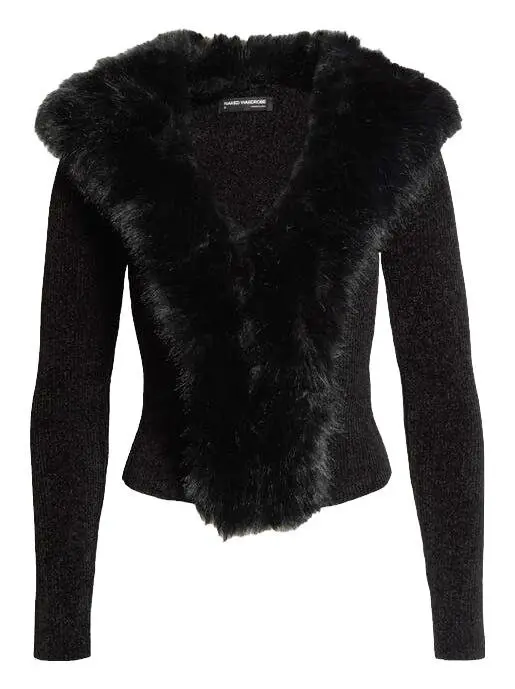 Naked Wardrobe Faux Fur Collar Cardigan - Black