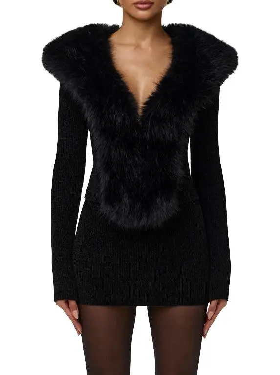 Naked Wardrobe Faux Fur Collar Cardigan - Black