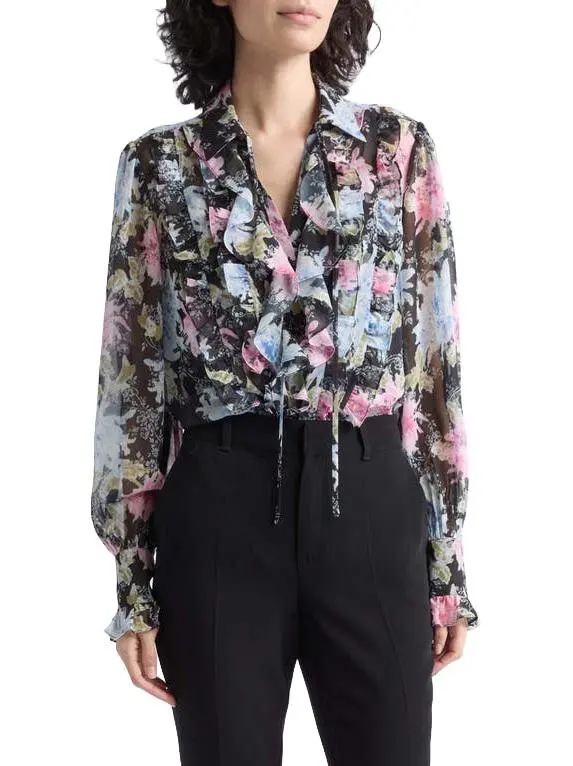 Cinq À Sept Phebe Ikat Dahlia Ruffled Top - Black Multi