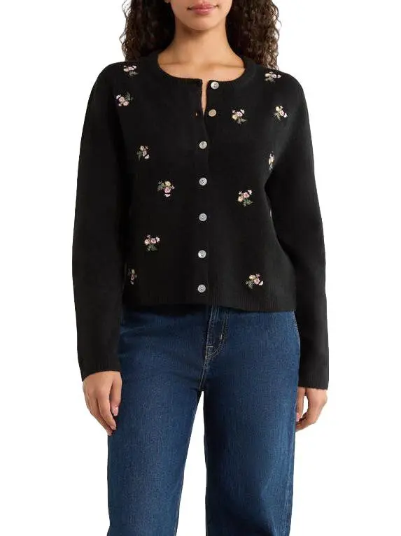 Lucky Brand Floral Embroidered Cardigan - Caviar