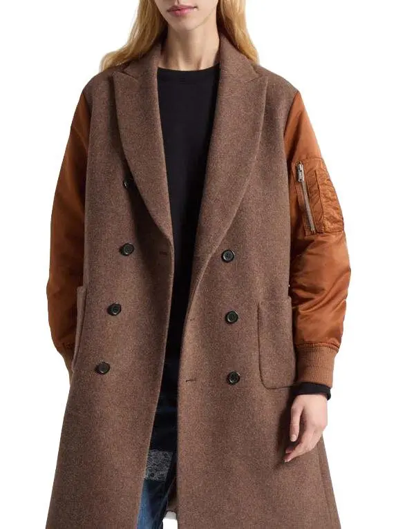 Undercover Mixed Media Double Breasted Coat - Gray Brown