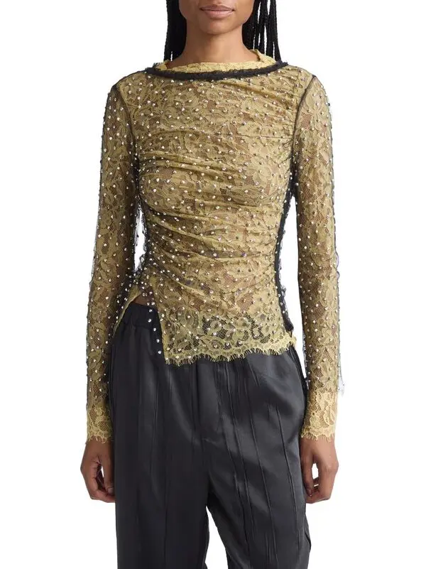 SIEDRES Faye Studded Lace & Mesh Top - Black/yellow