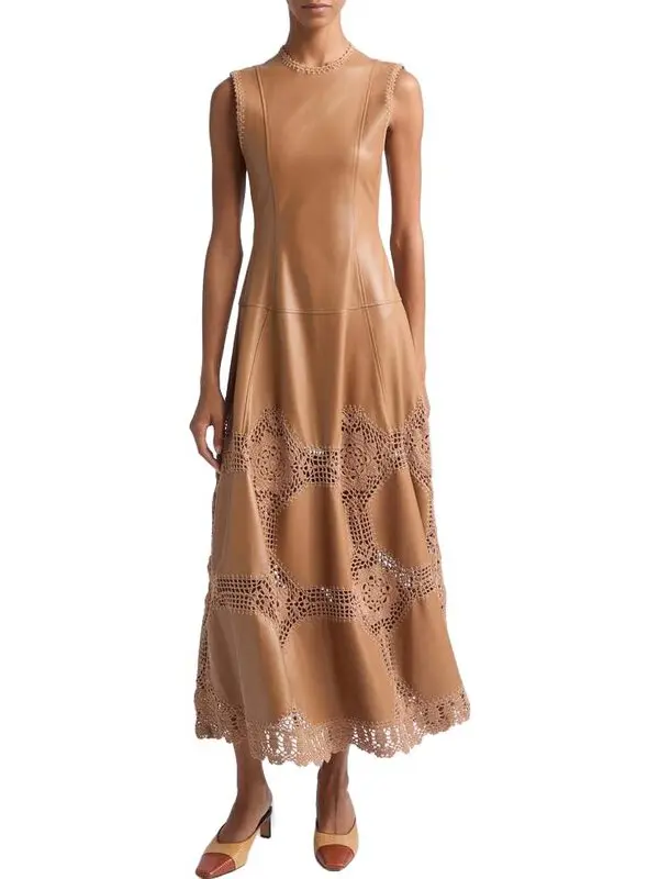 Ulla Johnson Ilana Crochet Leather Dress - Camel