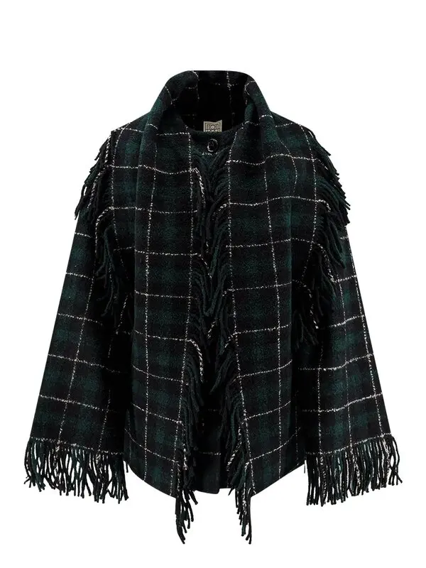 TOTEME Fringed Scarf Madras Wool Coat - Green