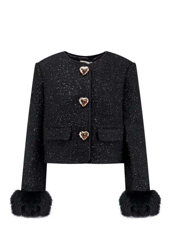 SELF-PORTRAIT Cropped Wool Blend Blazer With Allover Laminated Details - Black