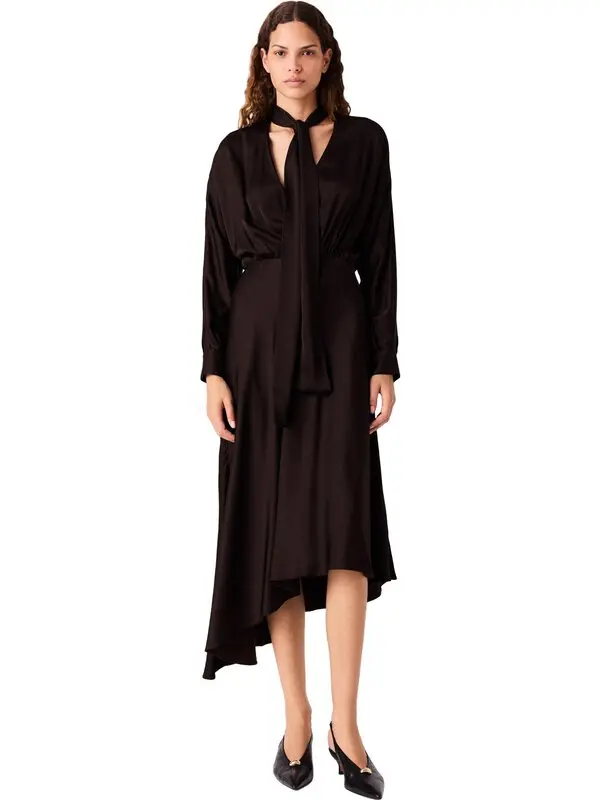 Maje Asymmetrical Satin Midi Dress - Dark Brown