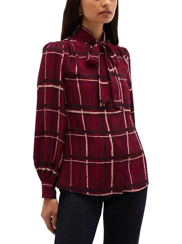 HOBBS LONDON Aisha Plaid Tie Neck Blouse - Plum Multi