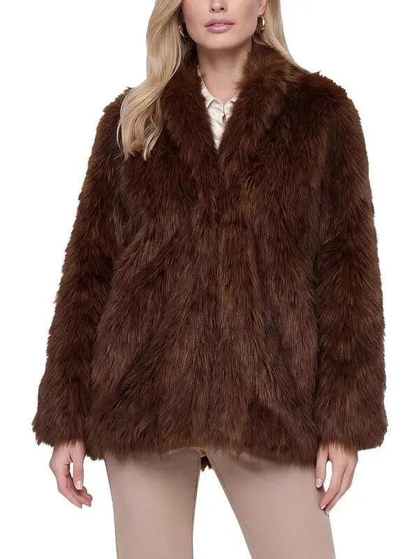LYLA GRANT Faux Fur Fox Jacket, Tuxedo Collar - Brown Multi