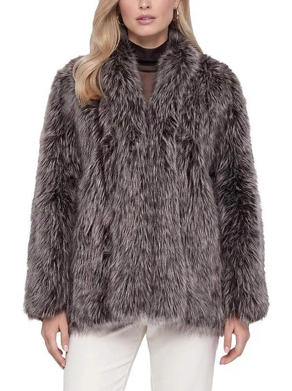 LYLA GRANT Faux Fur Fox Jacket, Tuxedo Collar - Granite Multi