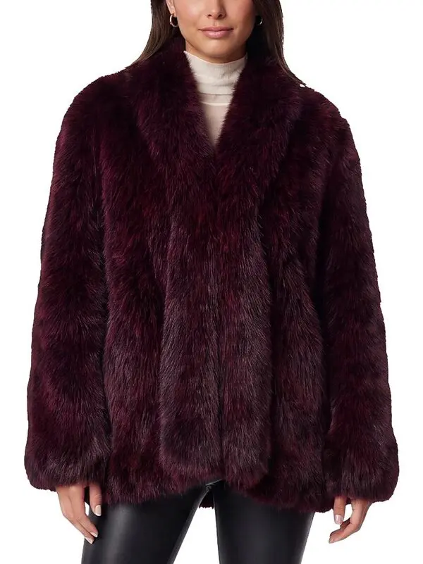 LYLA GRANT Faux Fur Fox Jacket, Tuxedo Collar - Wine Multi