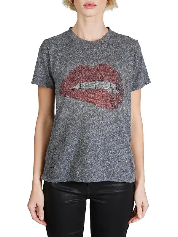 Lauren Moshi Capri Crystal Bitting Lip Tee - Heather Grey