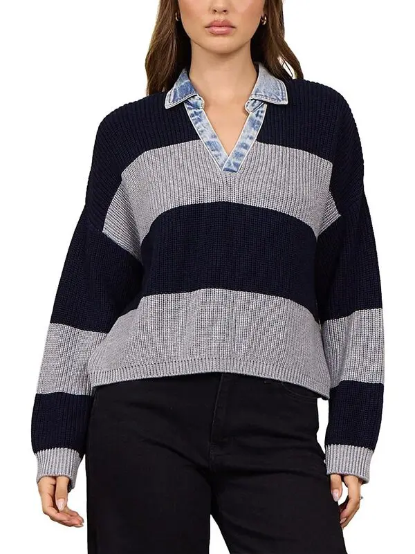 Vintage Havana Denim Collar Striped Sweater - Grey