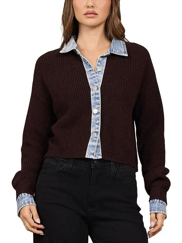 Vintage Havana Denim Trim Layered Look Cardigan - Chocolate