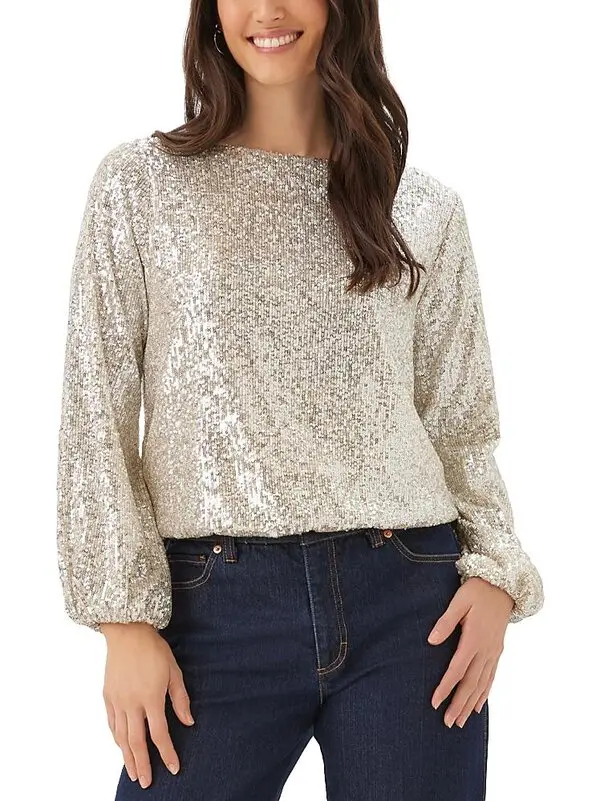 Karen Kane Petite Sequin Boat Neck Blouson Sleeve Top - Champagne