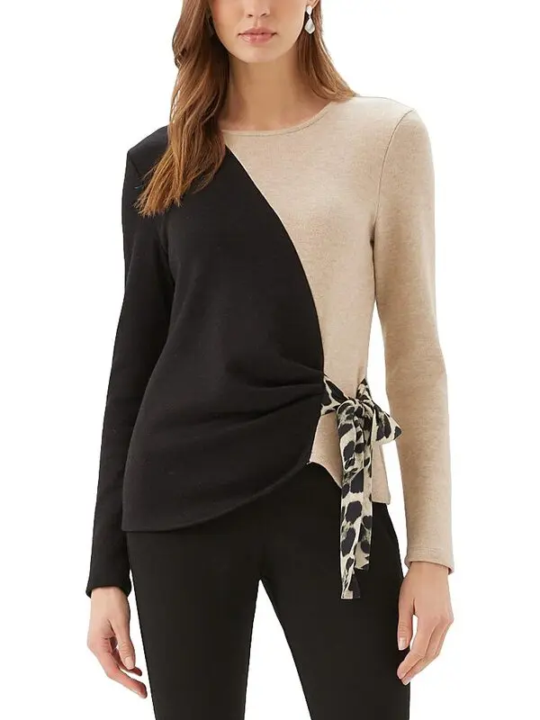 Karen Kane Petite Colorblock Long Sleeve Satin Bow Top - Black/light Tan